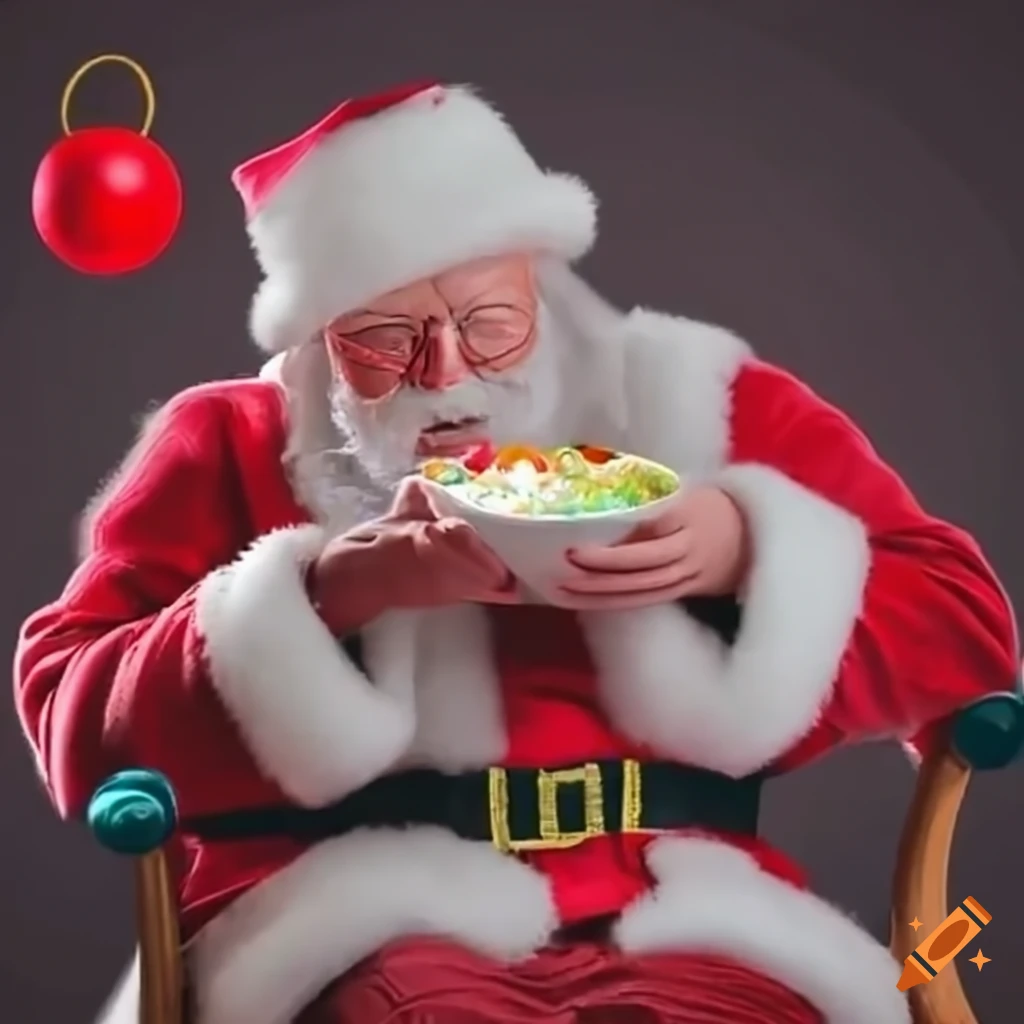 Santa claus tied to a chair eating soup with a flashing red ball on Craiyon
