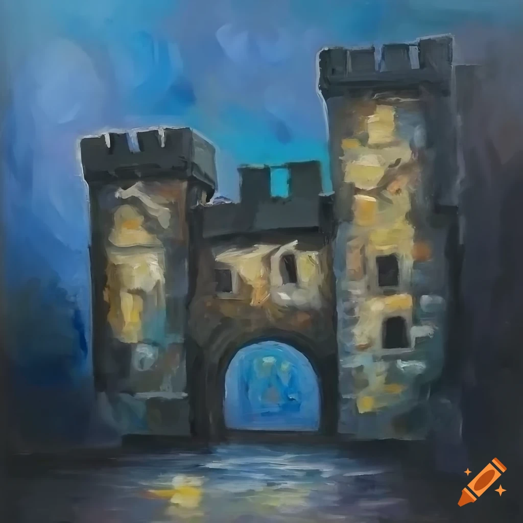 Detailed oil painting of a medieval gatehouse and towers at nighttime ...