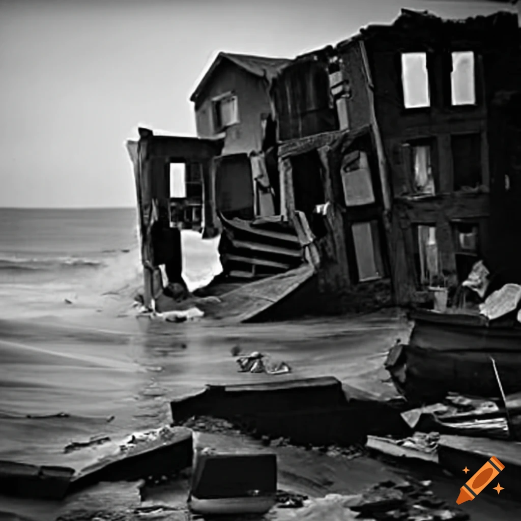 Black and white photo of broken buildings and homes crashing into the ...