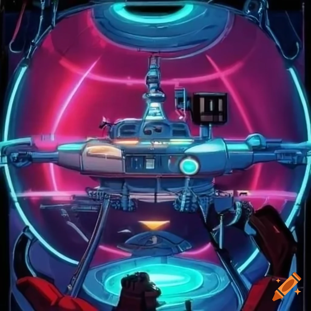 70s sci-fi space habitat with flying machines, robots, and neon lights on Craiyon