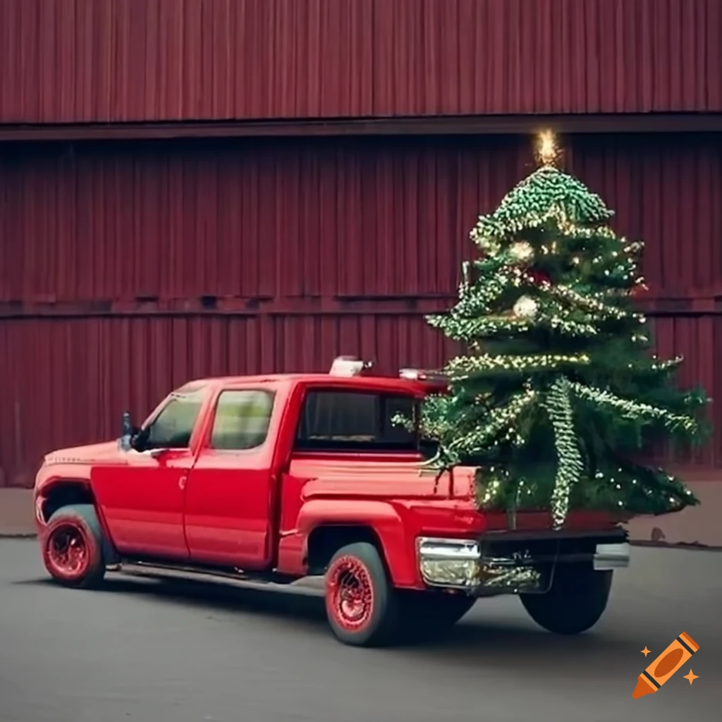 Red pickup truck hauling a Christmas tree and a large red mushroom on ...