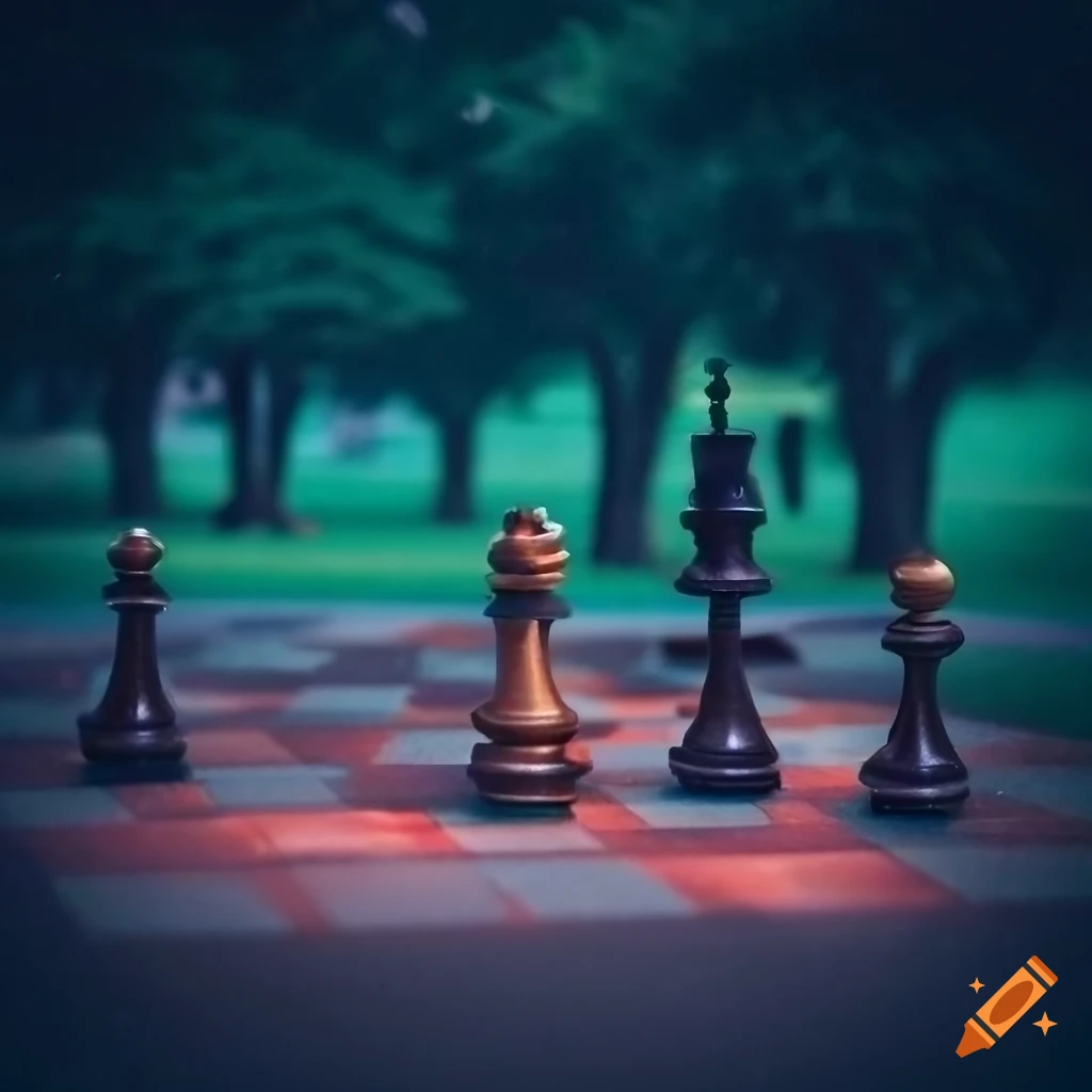 Dreamlike romantic chess game scene in a park with beautifully lit ...