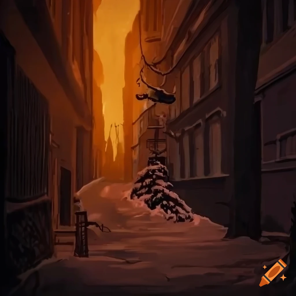 Snowy alleys and dimly lit buildings in a desolate city, capturing the ...