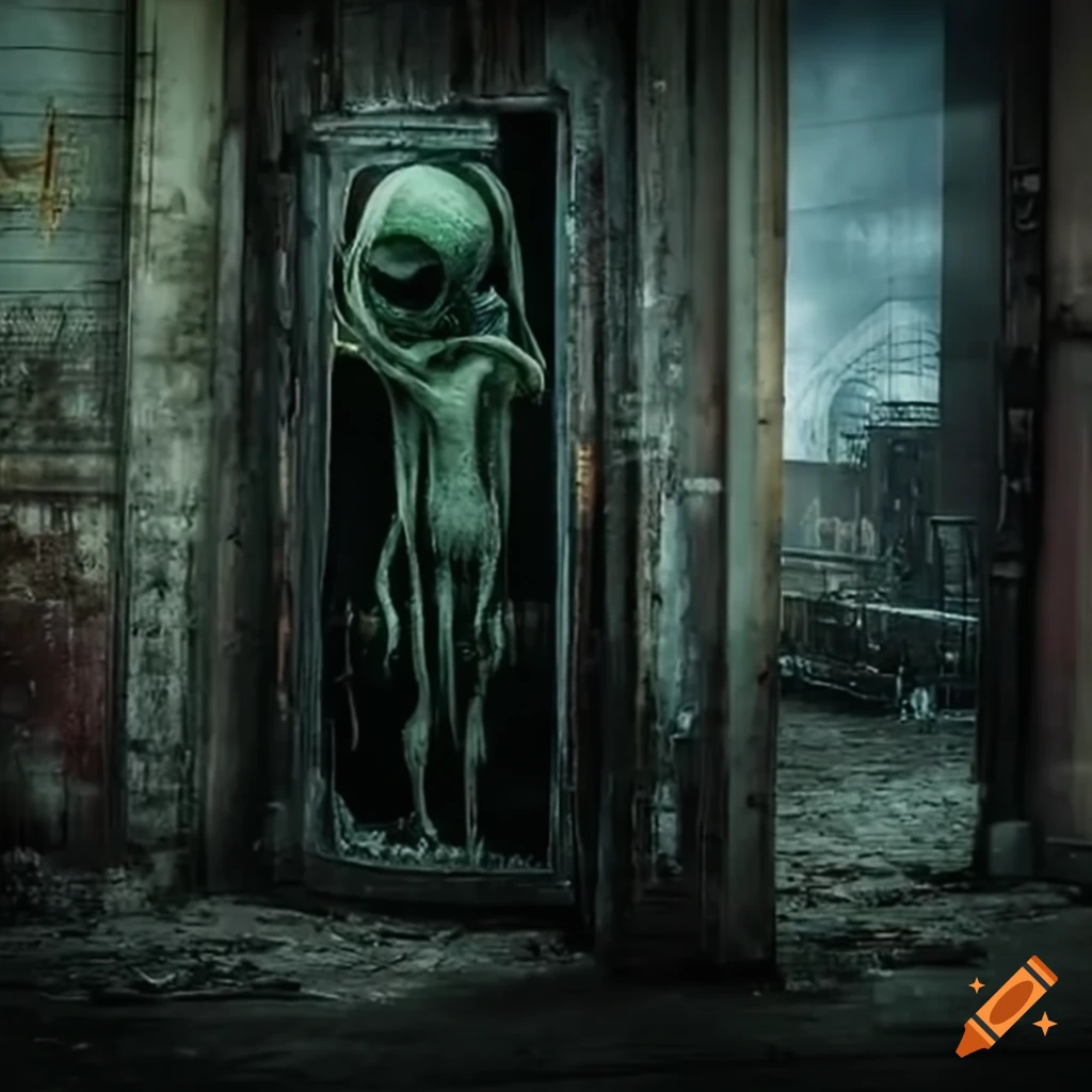 Apocalyptic street scene with an alien looking into mirror on Craiyon