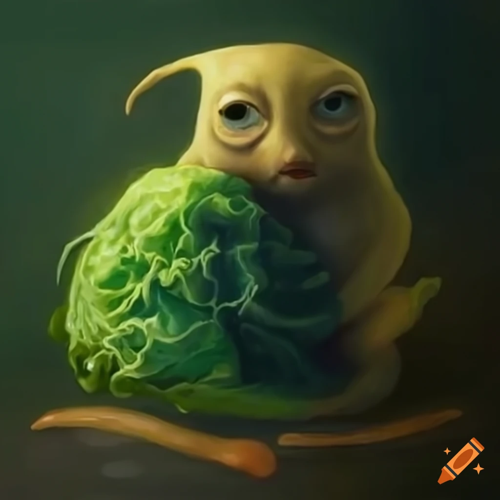 Surreal painting of three people with slugs and lettuce on Craiyon