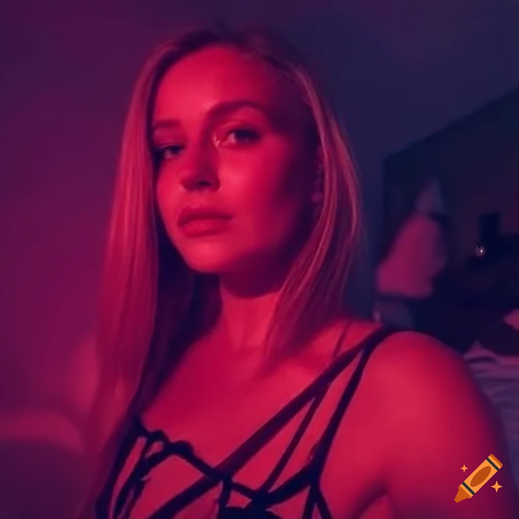 Blonde Swedish Woman Taking A Selfie In A Dark Bedroom With A Christmas