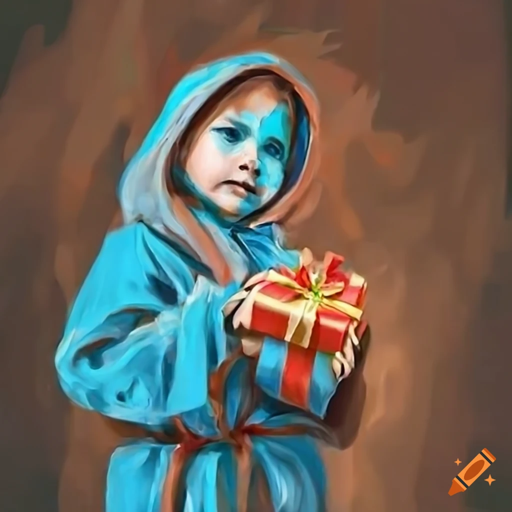Portrait of a blue-skinned child with a gift in a rustic setting on Craiyon