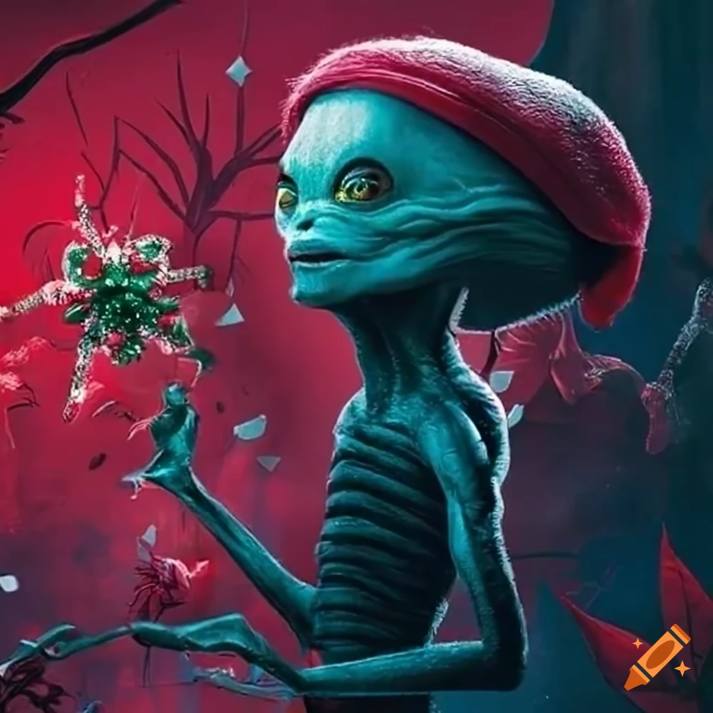 Movie poster for the alien christmas film probes and poinsettias on Craiyon