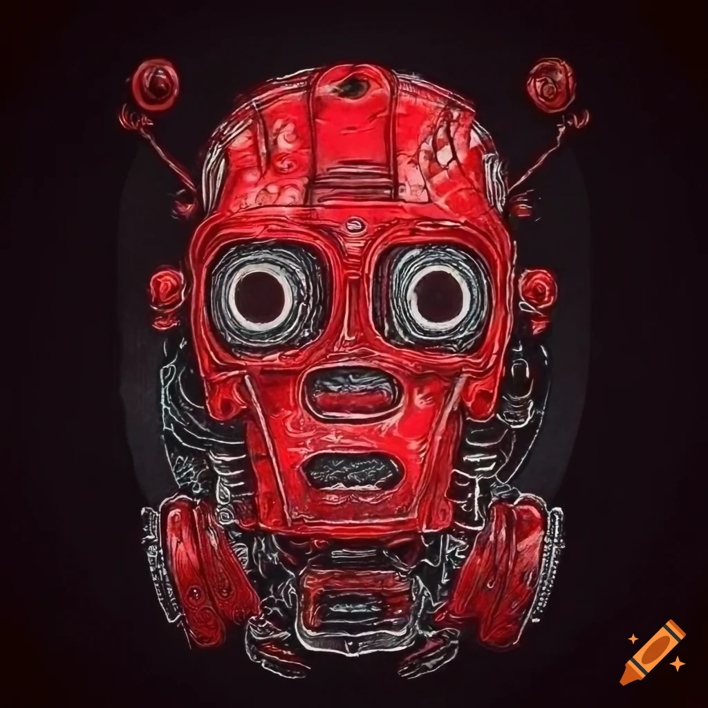 Red robot scratchboard engraving for insaneteknology on Craiyon