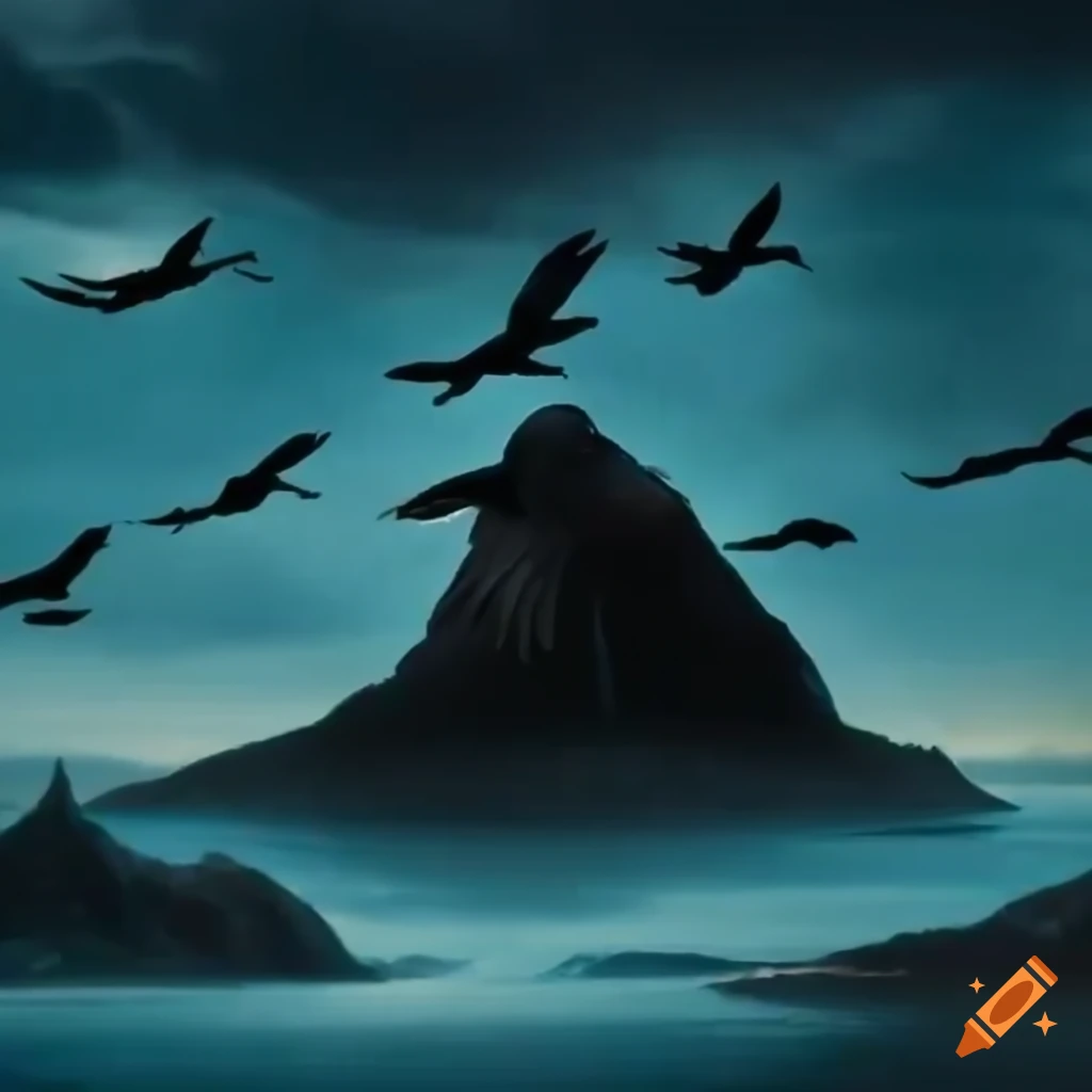Group of crows flying over a mountain island in tim burton style on Craiyon