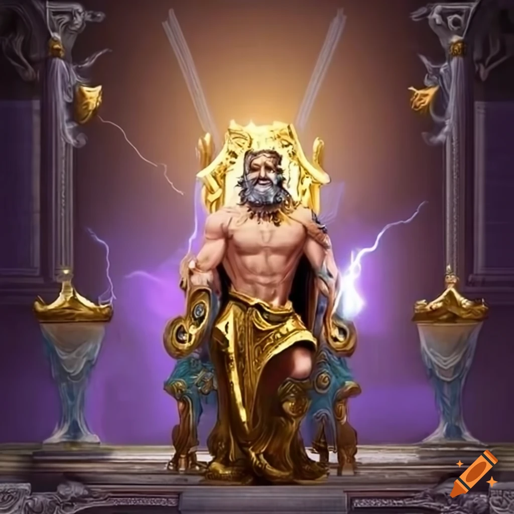 Depiction of zeus with thunderbolts and regal attire on a throne on Craiyon