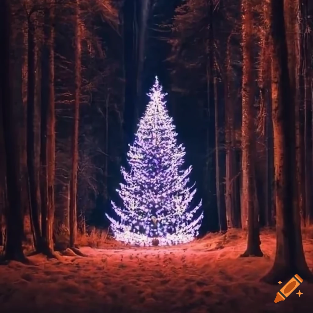 Christmas tree with shiny lights in a forest at night on Craiyon