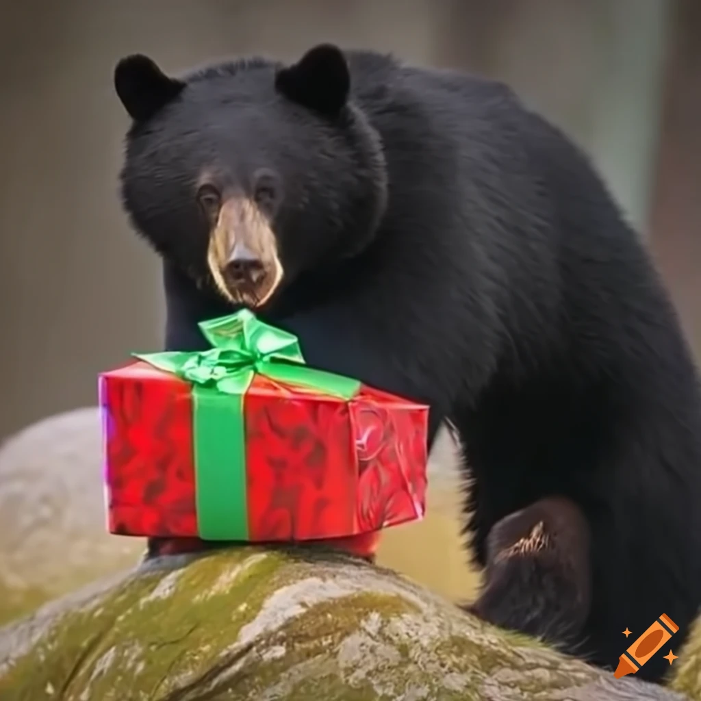 Black bear holding a christmas present on Craiyon