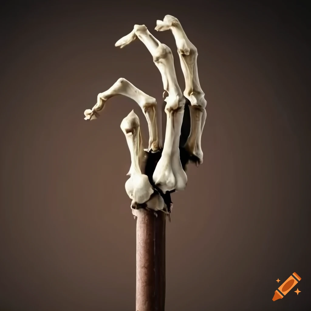 Skeletal hand gripping a walking stick on Craiyon