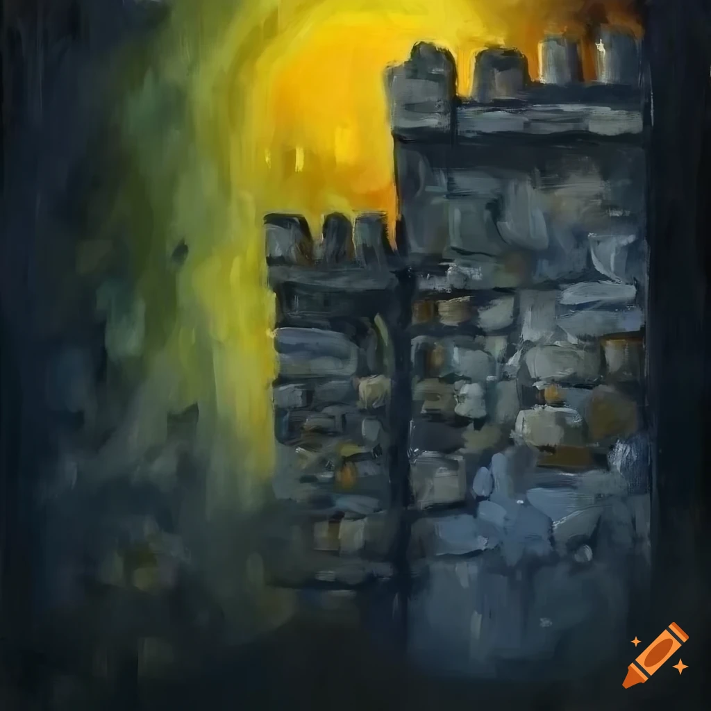 Grey stone medieval wall with wooden hoardings in an oil painting on ...