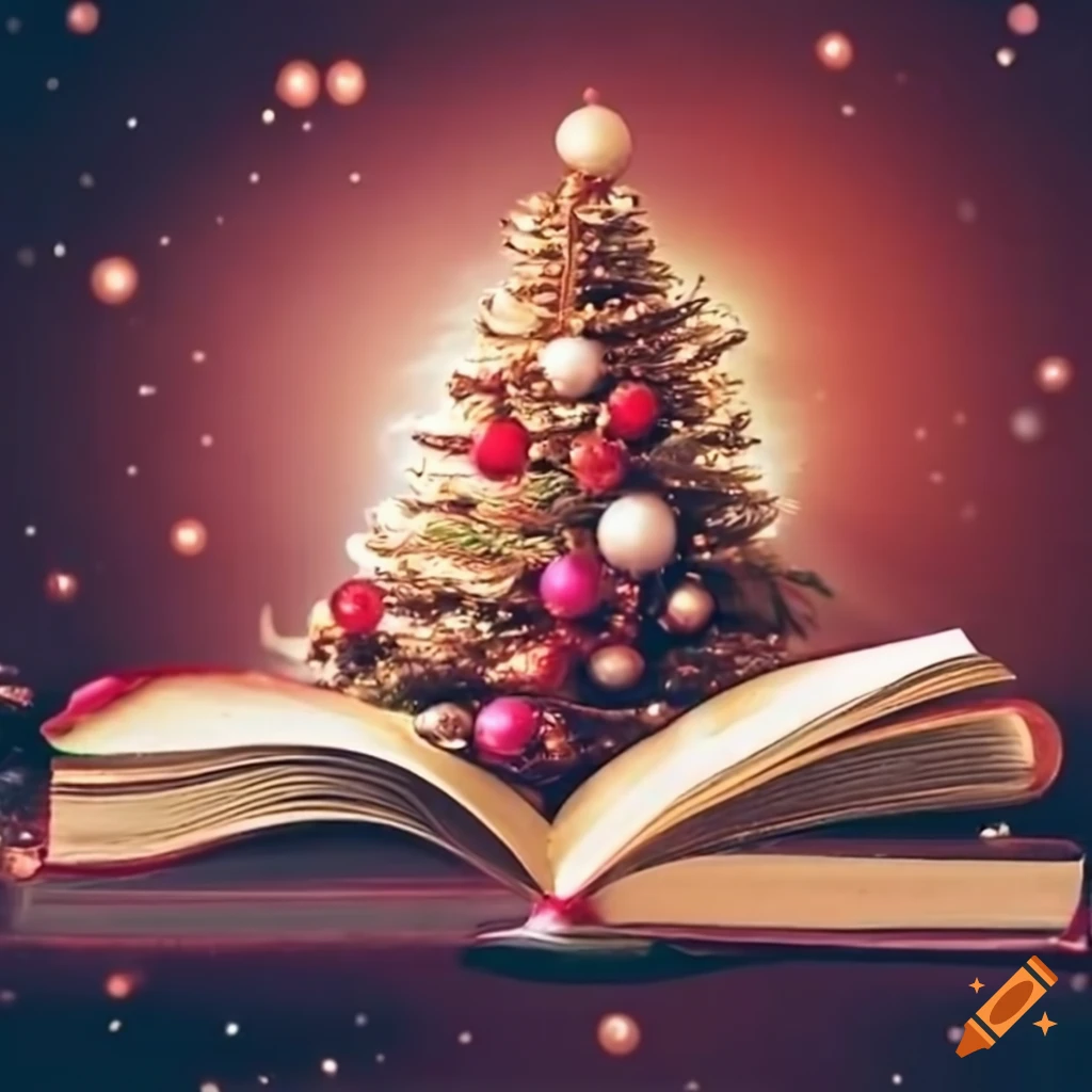 Christmas-themed books stacked in a festive arrangement on Craiyon
