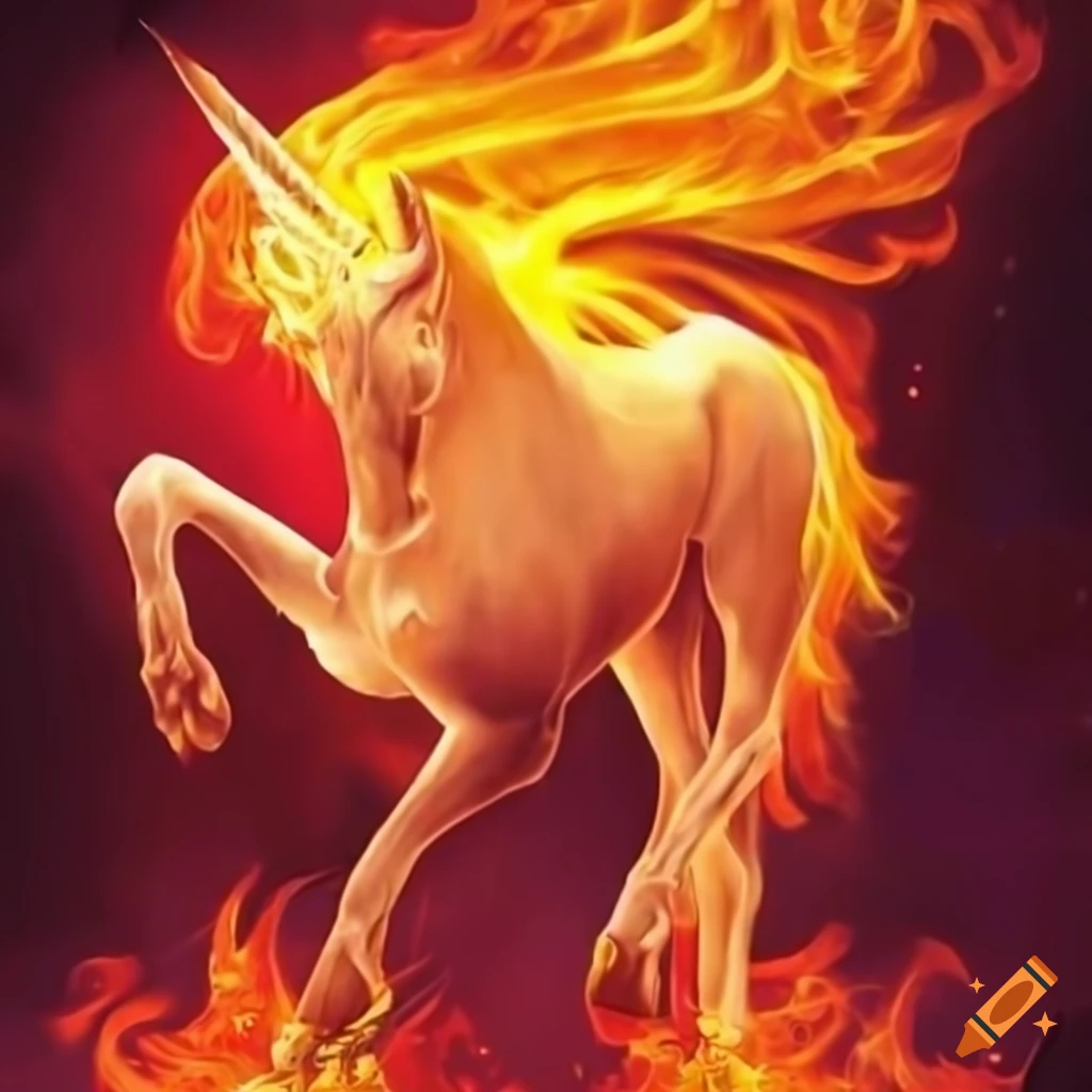 Majestic fire unicorn in a mystical setting on Craiyon