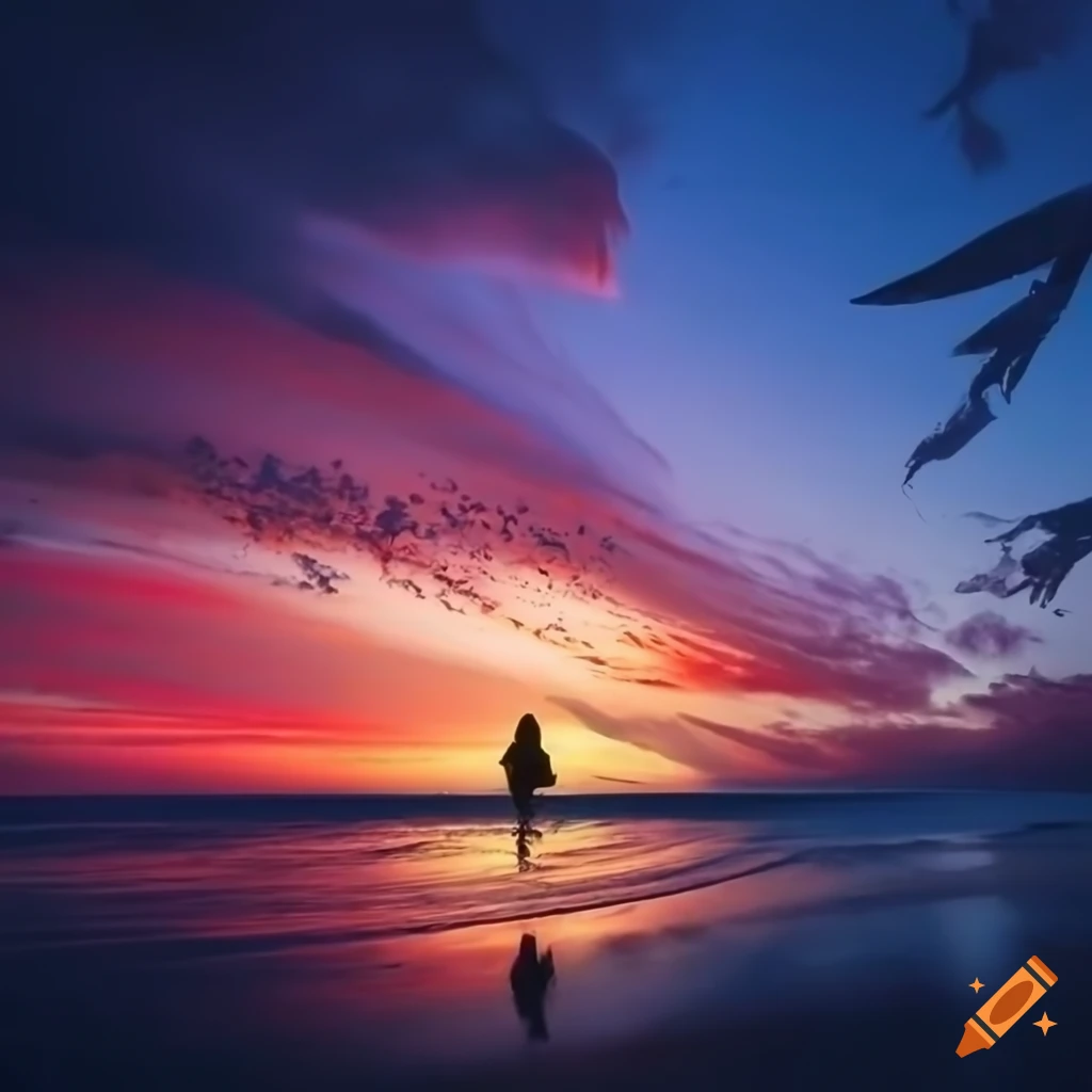 Vue panoramique plage au cr%C3%A9puscule avec dauphins sautant l%C3%A9g ...