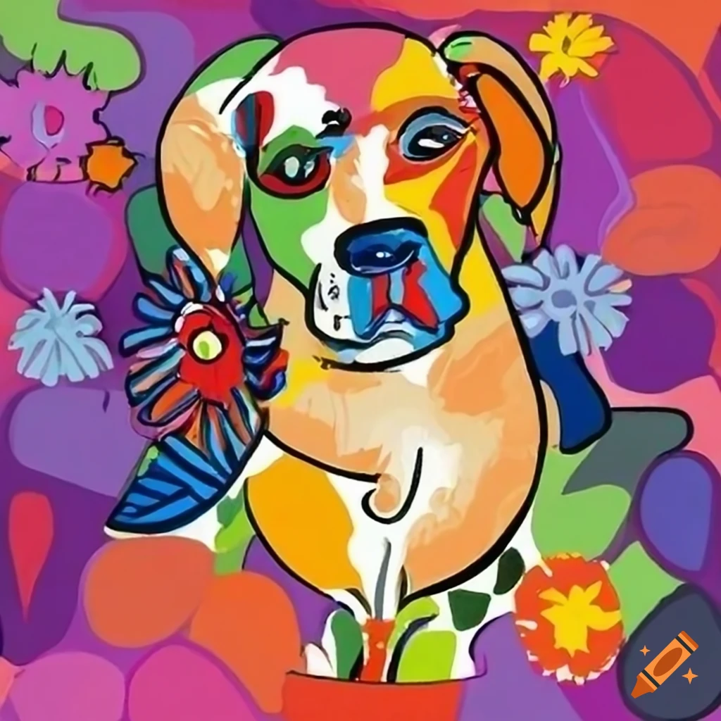 Dog and flower artwork in the style of pablo picasso on Craiyon