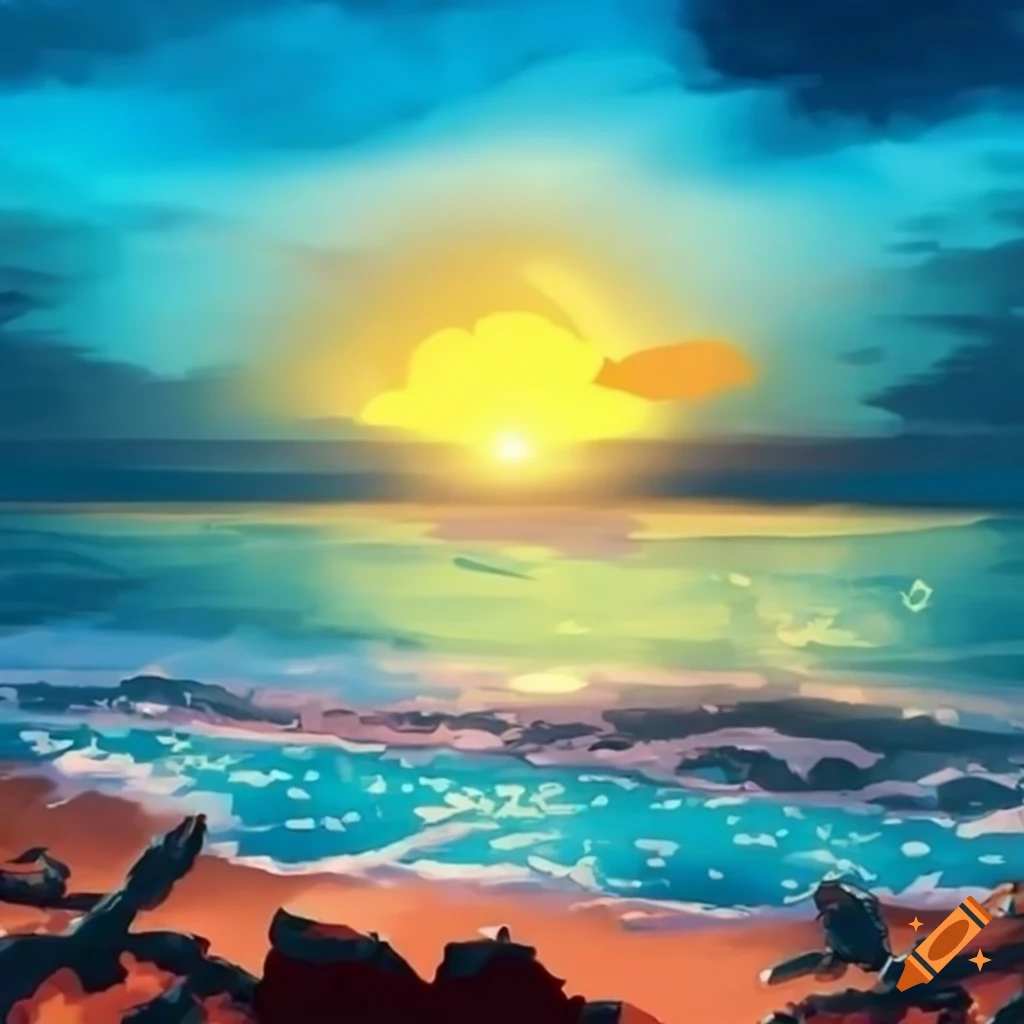 Pokemon battle beach with detailed background on Craiyon