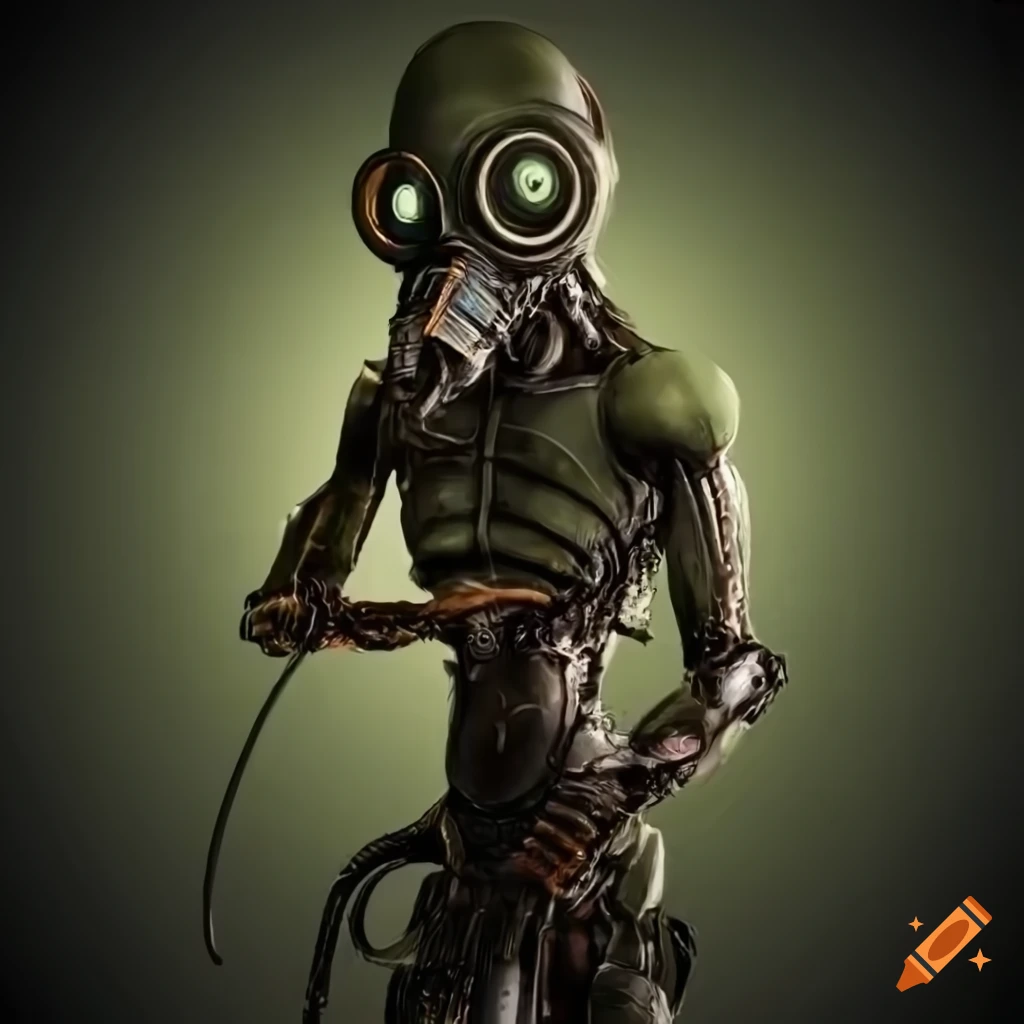 Mechanical cyborg alien wearing a gas mask in oddworld style on Craiyon