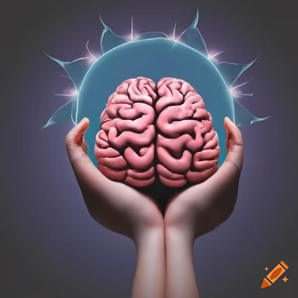 Mind power concept - hands holding a brain with a radiant sun on Craiyon