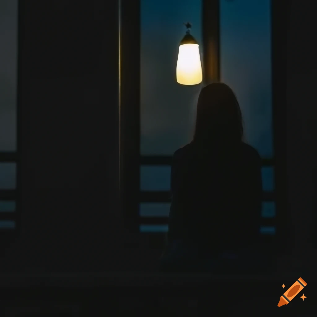 Person sitting at night with dim lighting and windows in the background ...