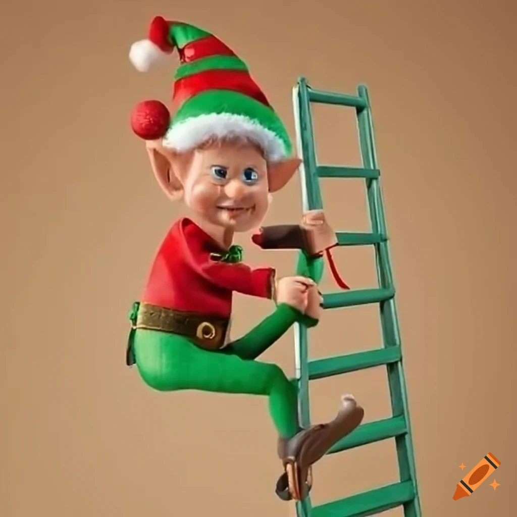 Christmas elf climbing ladder with tool belt on Craiyon