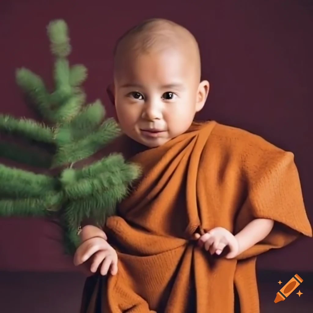 Adorable baby monk with holiday sweater holding a christmas tree on Craiyon