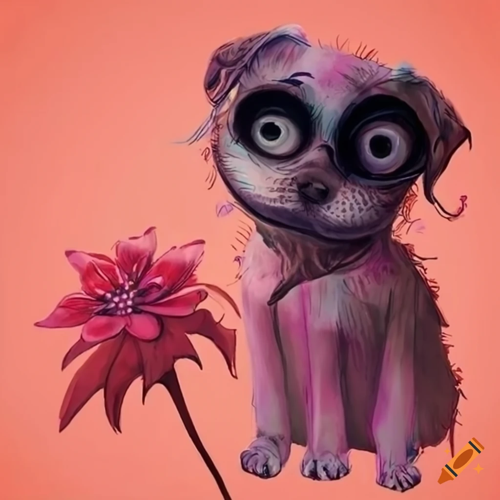 Dog and flower in tim burton style on Craiyon