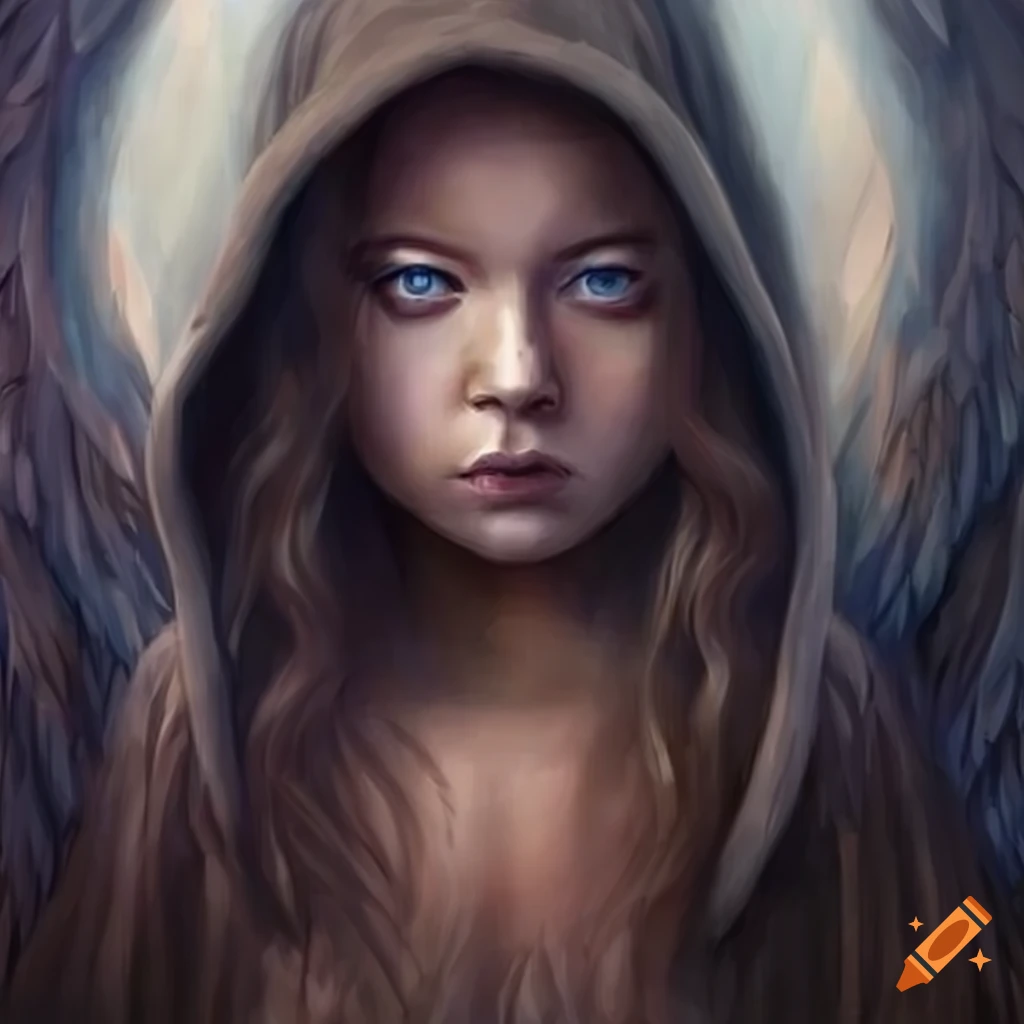 Stunning angel with hood in a fantasy painting on Craiyon