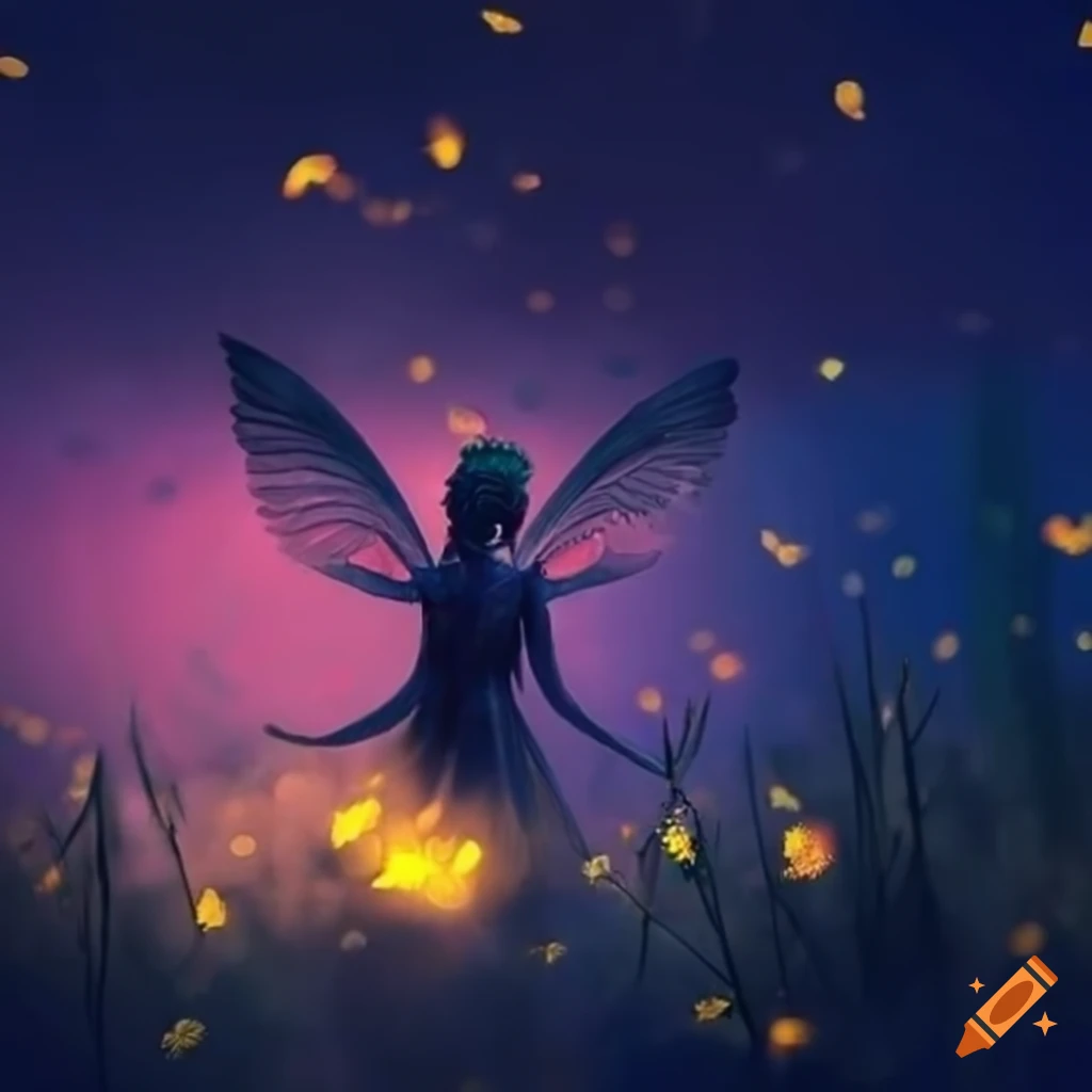 Beautiful faerie flying in a flowery meadow at night with fireflies on ...