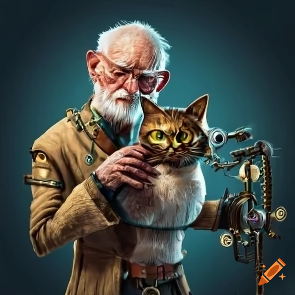 Elderly man with a steampunk cat-robot on Craiyon