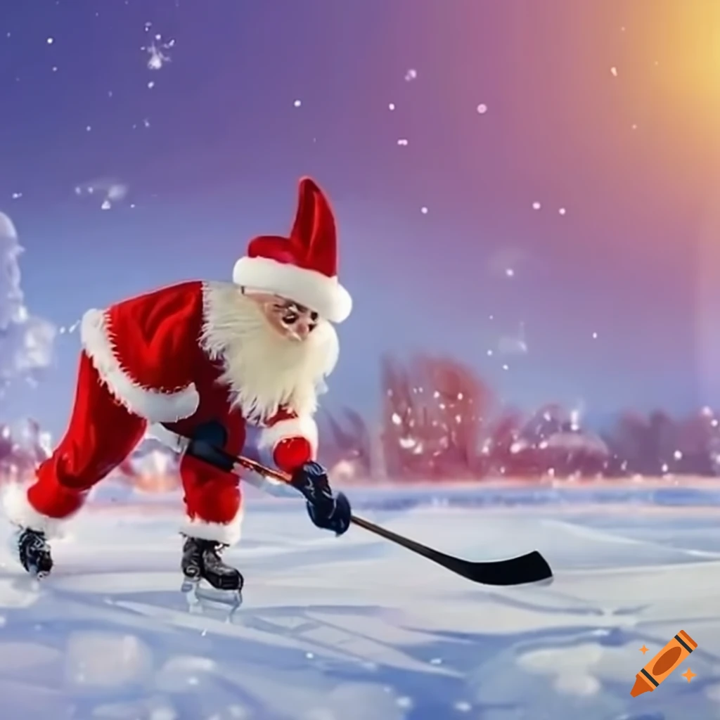 Santa claus playing ice hockey with elves on a bright winter day on Craiyon