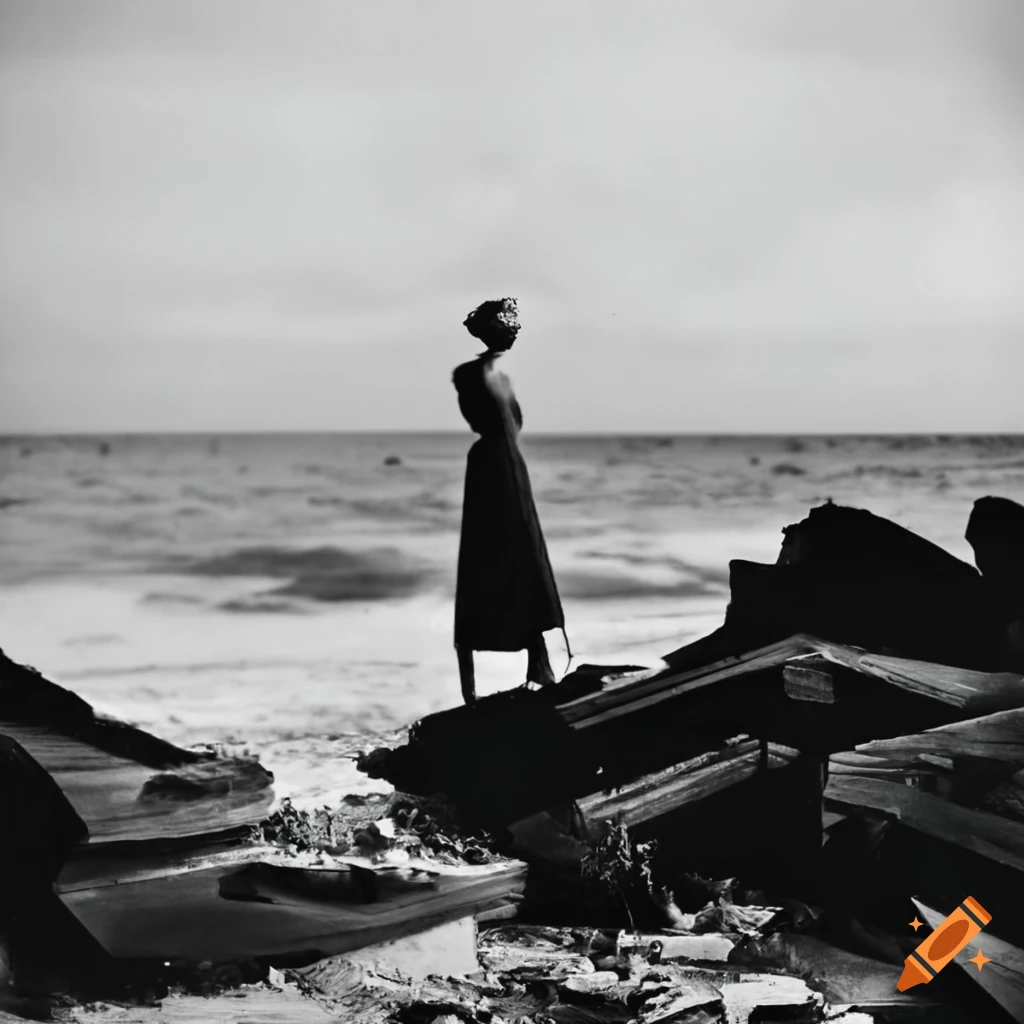 1930s art of broken buildings and homes crashing into the ocean on Craiyon