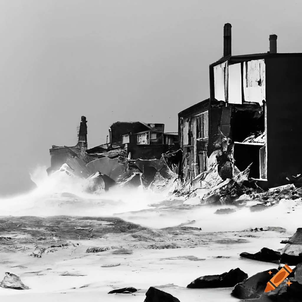 1930s art of broken buildings and homes crashing into the ocean in ...