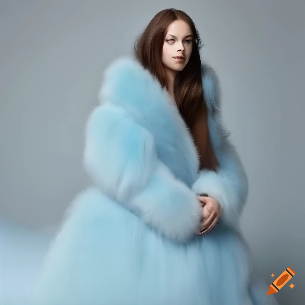 Young woman in a pale blue and white fur floor length dressing gown on ...