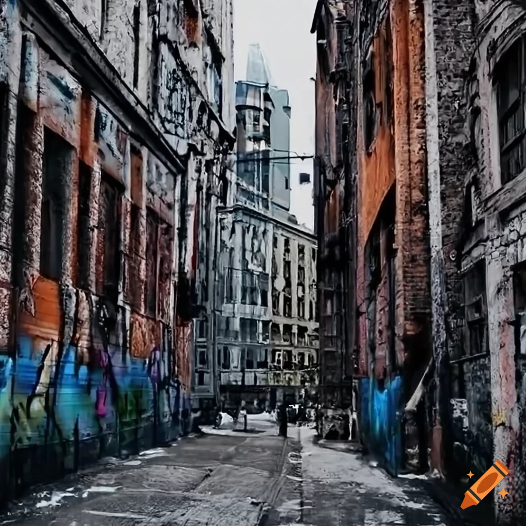 Urban back street with colorful graffiti murals in a city on Craiyon