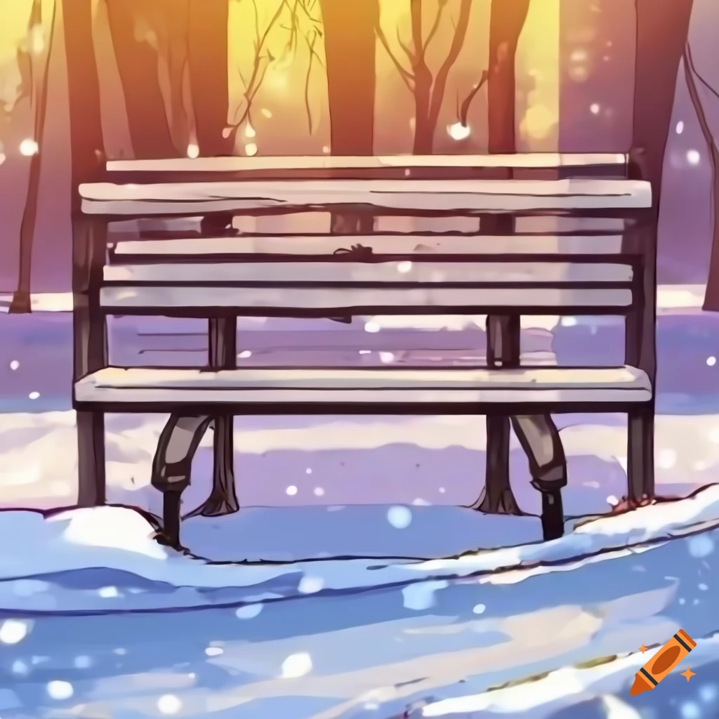Front facing anime style park bench in a winter setting on Craiyon