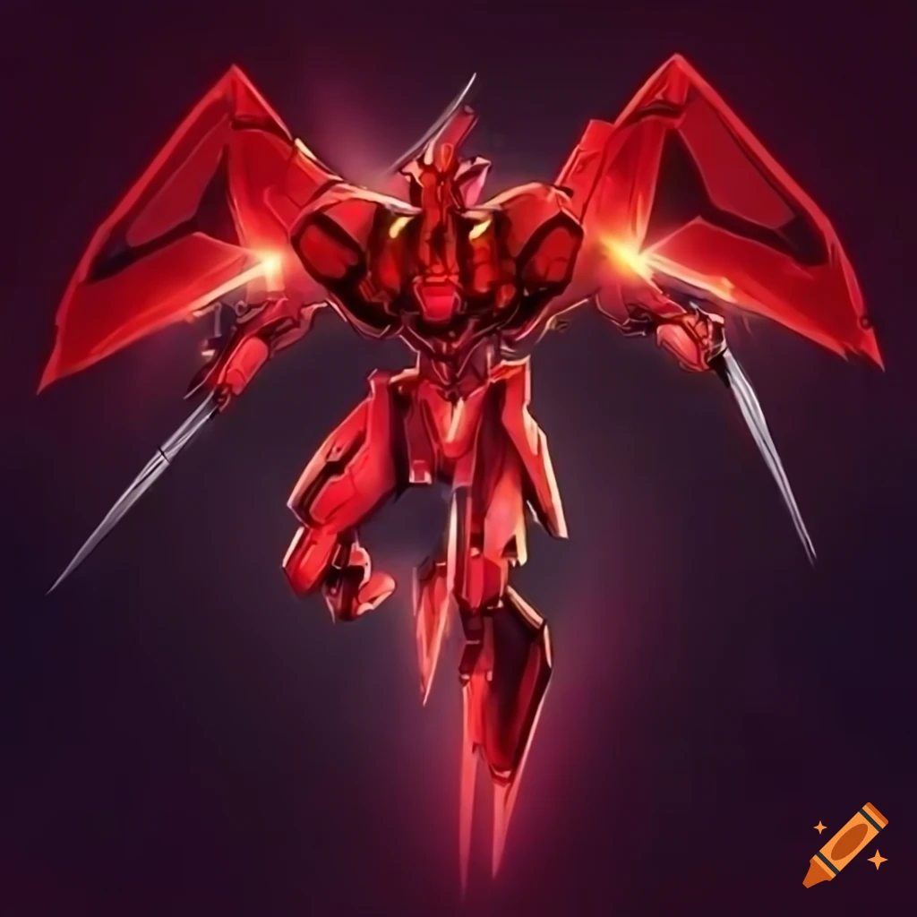Red winged mecha from a dynamic angle on an energetic background on Craiyon