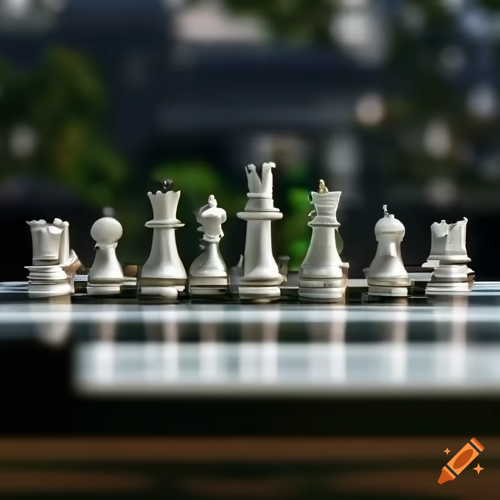 Hyperrealistic chess pieces on a table in a cafe with creative lighting ...