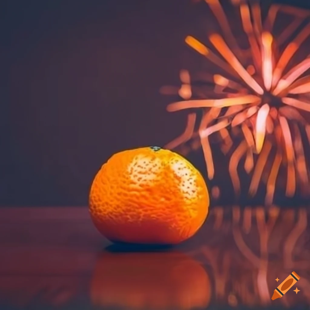 Tangerine fruit on mahogany table with colorful fireworks in the night ...