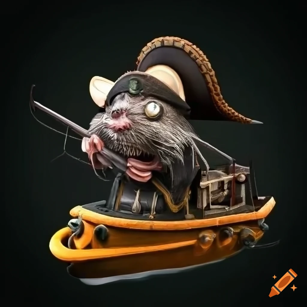 Funny and cute pirate rat on toy tug boat in canal, H.R. Giger-style ...
