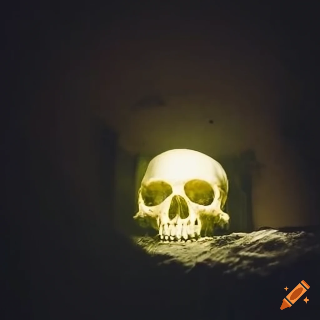 Glowing skull in a wreckage-strewn room with sunlight streaming in on ...
