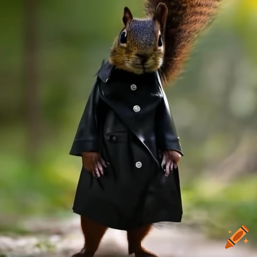 Squirrel in a long black leather trench coat on Craiyon