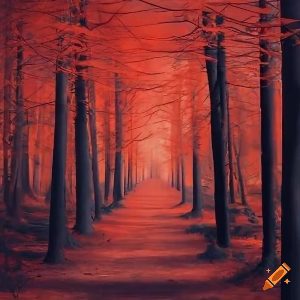 Path through a vibrant red forest on Craiyon