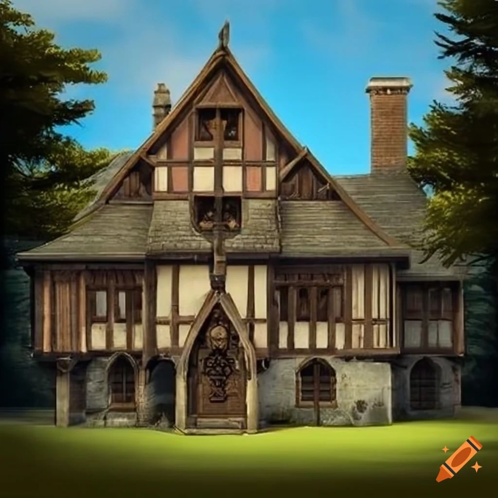 Exterior of a medieval two-floor manor on Craiyon