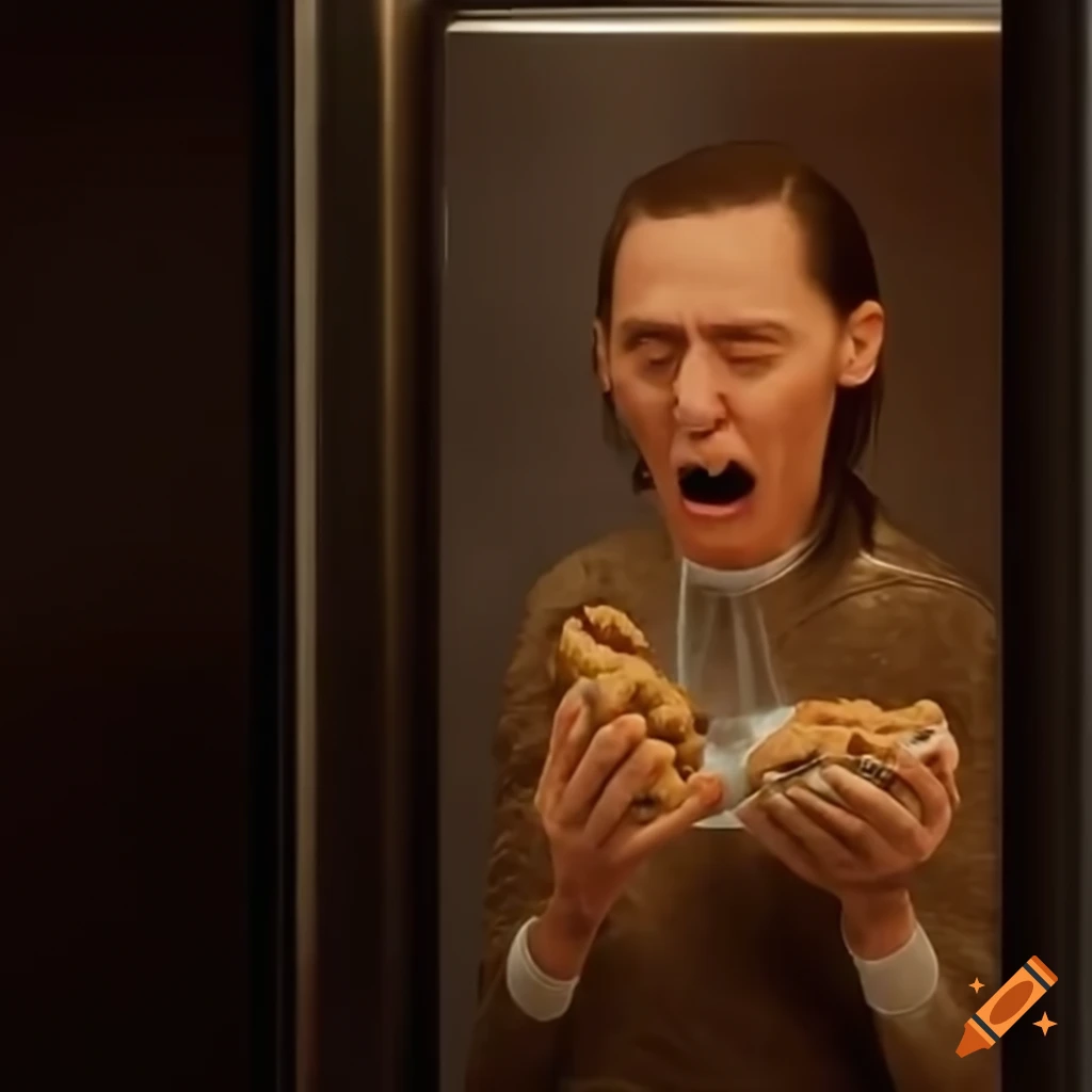 Loki eating cookies in an elevator with spilled milk on Craiyon