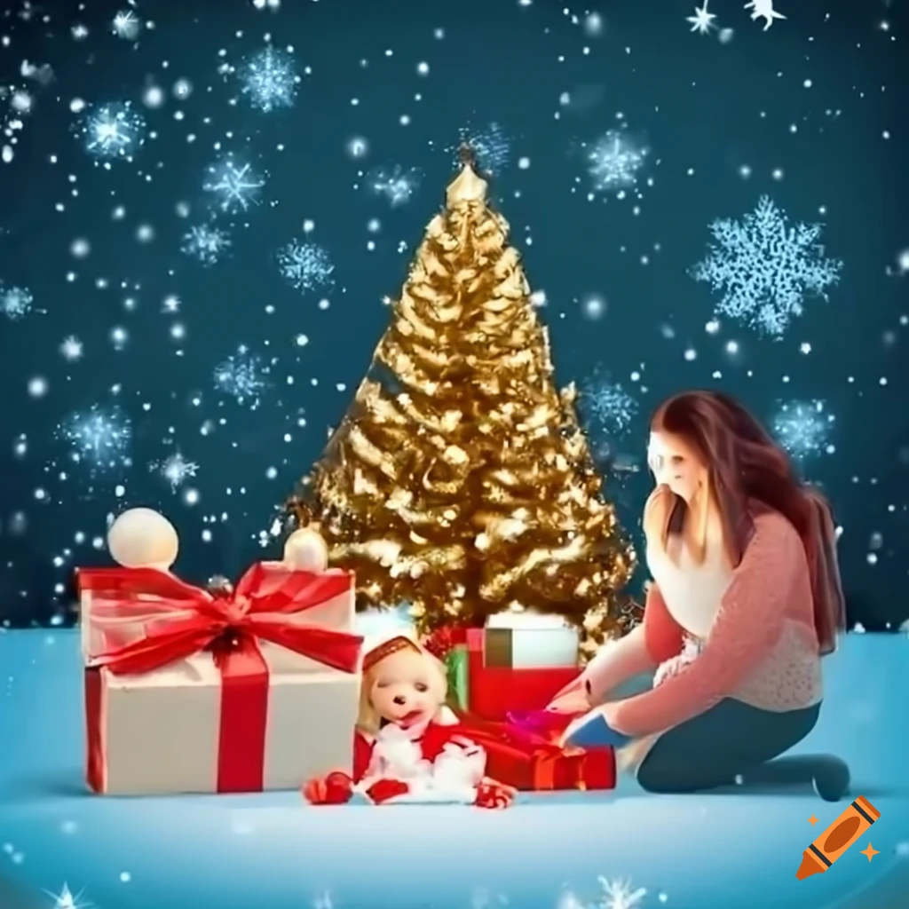 Family in front of christmas tree with presents and snowflakes on Craiyon