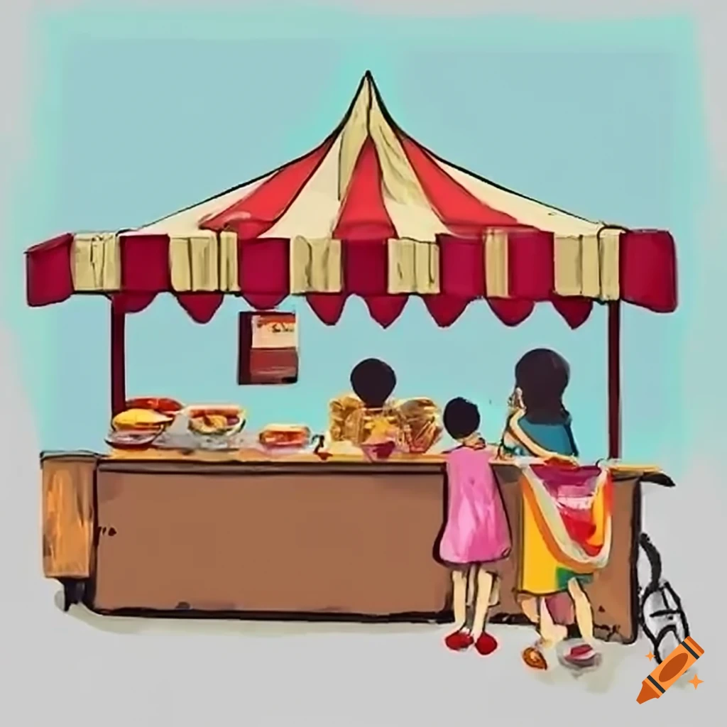 Food stalls with children buying on Craiyon
